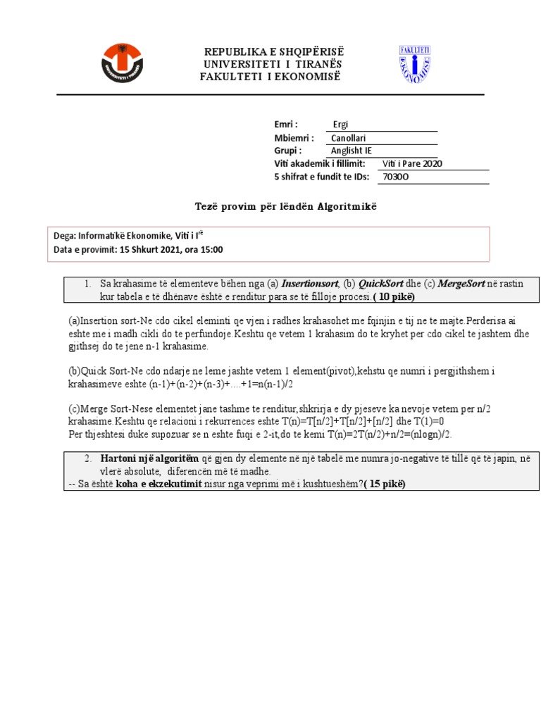 Teze Provimi Në Lenden Algoritmikë, Pjesa e D | PDF