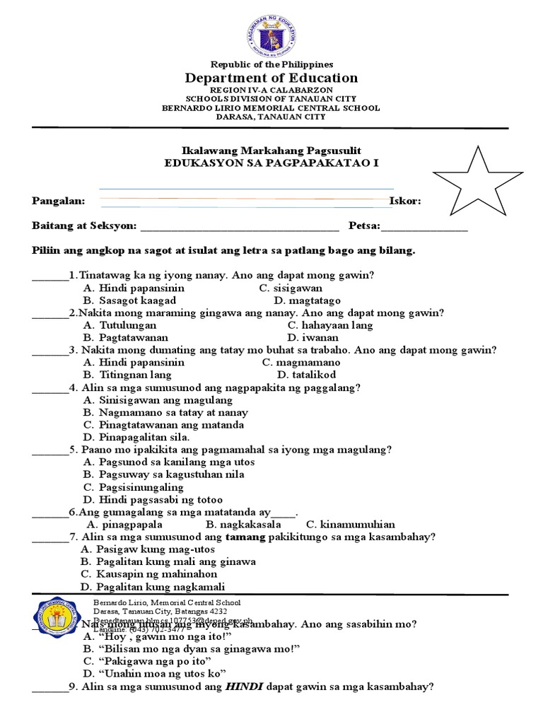 ESP Second Periodical Test 2023 20 Items | PDF