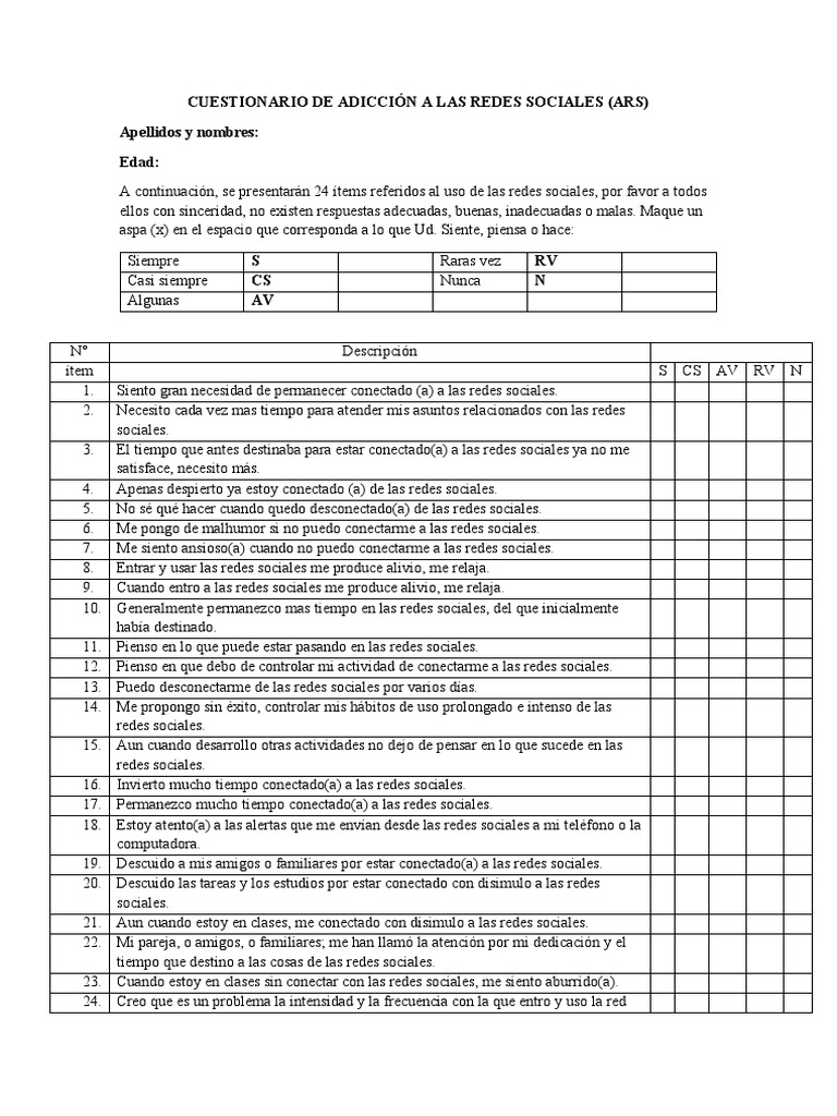 Cuestionario de Adicción a Redes Sociales | PDF