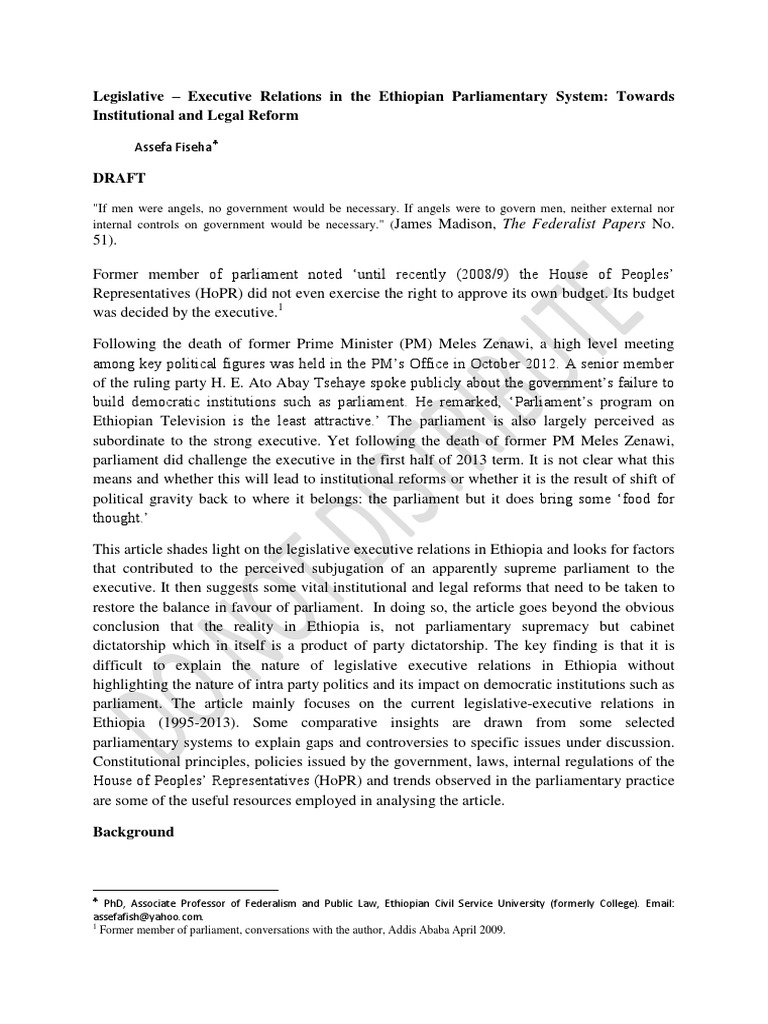 Assefa Fiseha - Legislativeexecutiverelationsinethsafricachapter | PDF ...