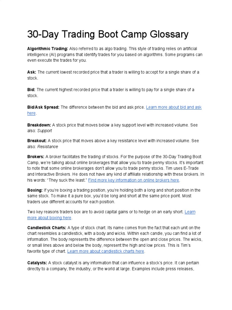 Glossary 30 Day Trading Bootcamp | PDF | Stocks | Foreign Exchange Market