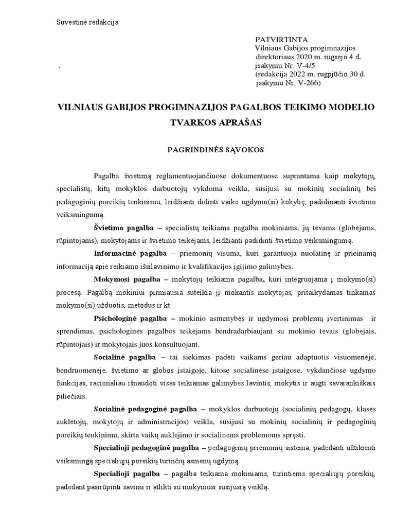 Pagalbos Teikimo Modelio Tvarkos - Aprasas - Suvestine Redakcija 2022 ...