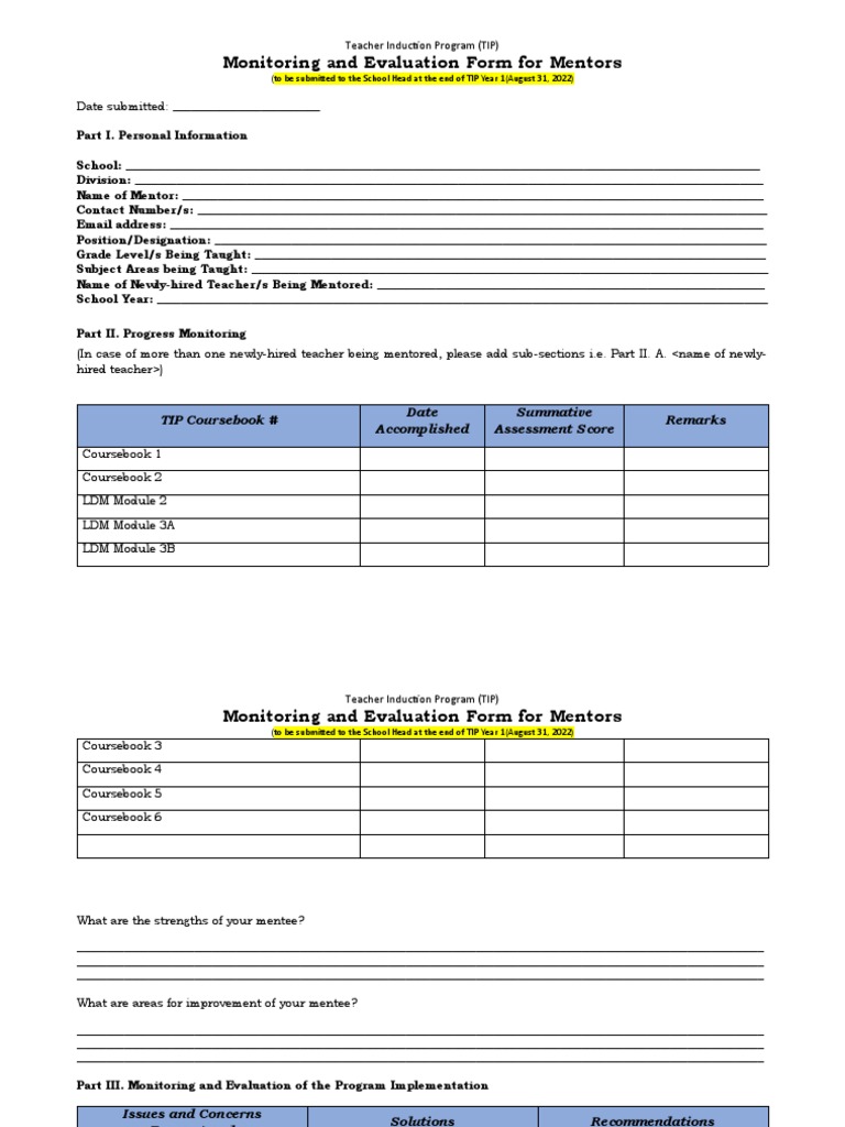 Mentor Evaluation for TIP | PDF | Mentorship | Monitoring And Evaluation