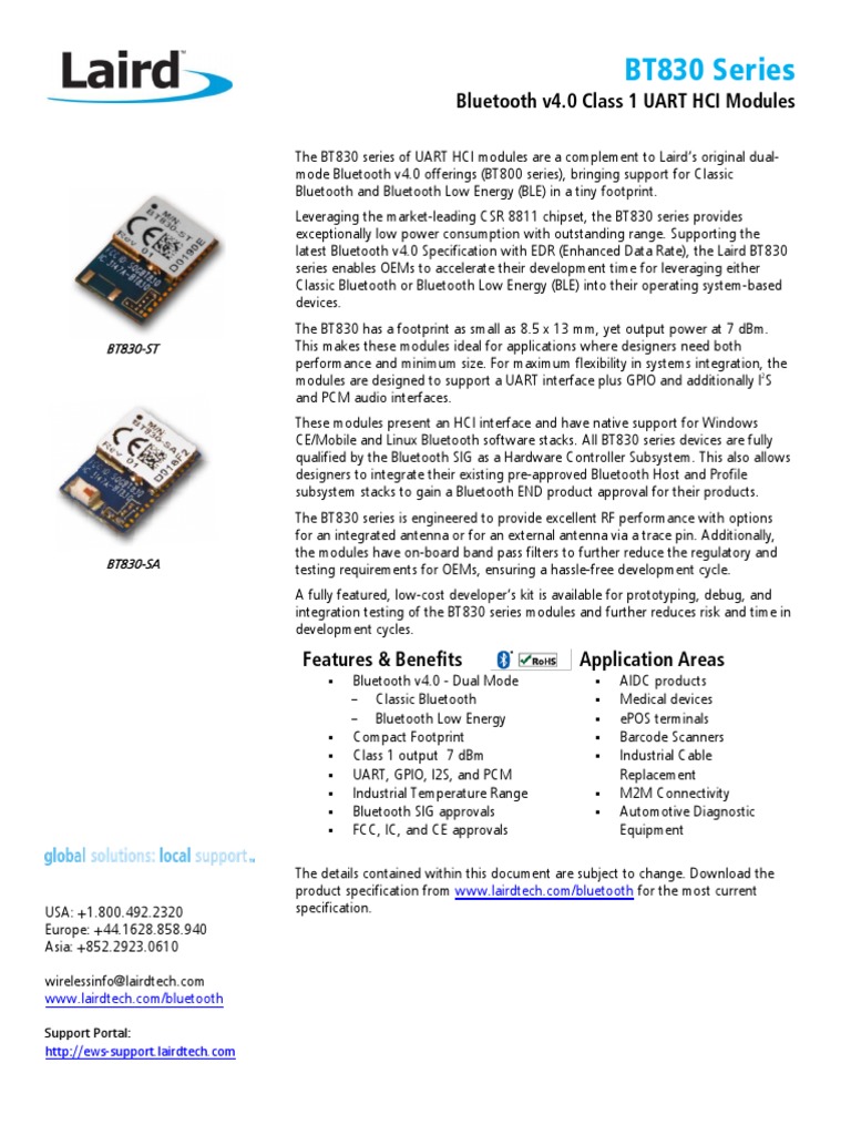 BT830 Series: Bluetooth v4.0 Class 1 UART HCI Modules | PDF | Bluetooth | Electrical Engineering