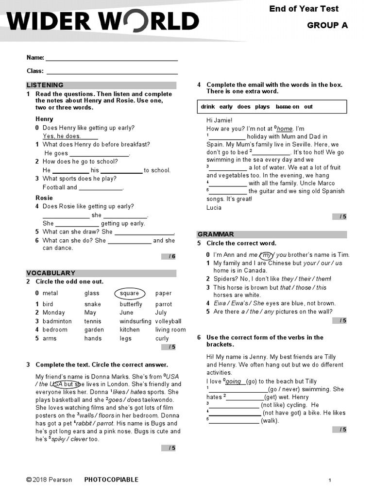 Wider World Starter Tests EndYear Group A Final | PDF