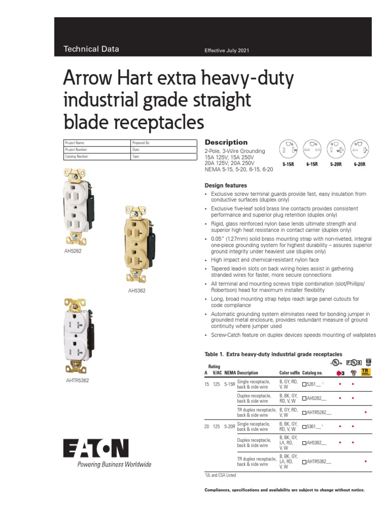 Arrow Hart Extra Heavy Duty Industrial Grade Straight Blade Receptacles ...