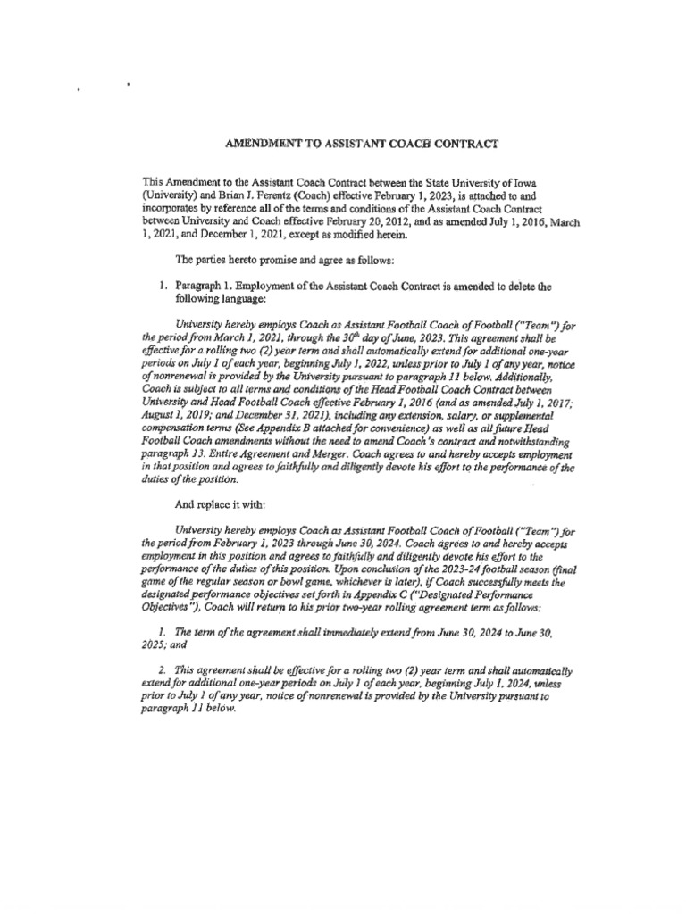 Brian Ferentz 2023 Amended Contract | PDF