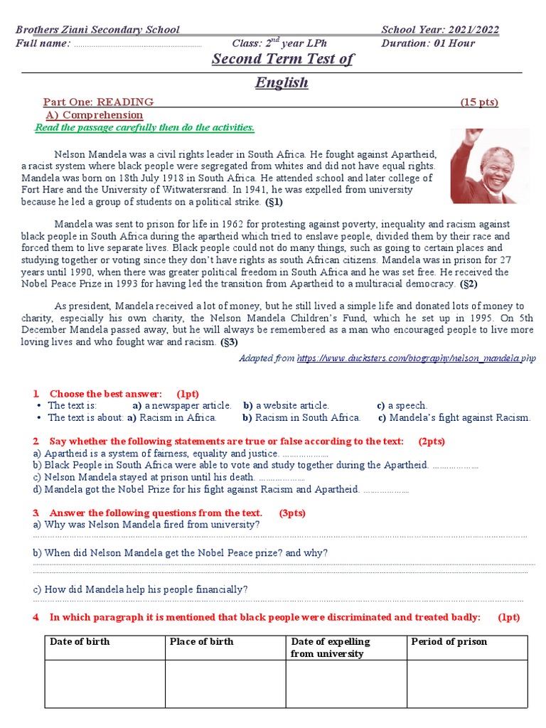 Second Term Test of English | PDF | Nelson Mandela | Apartheid