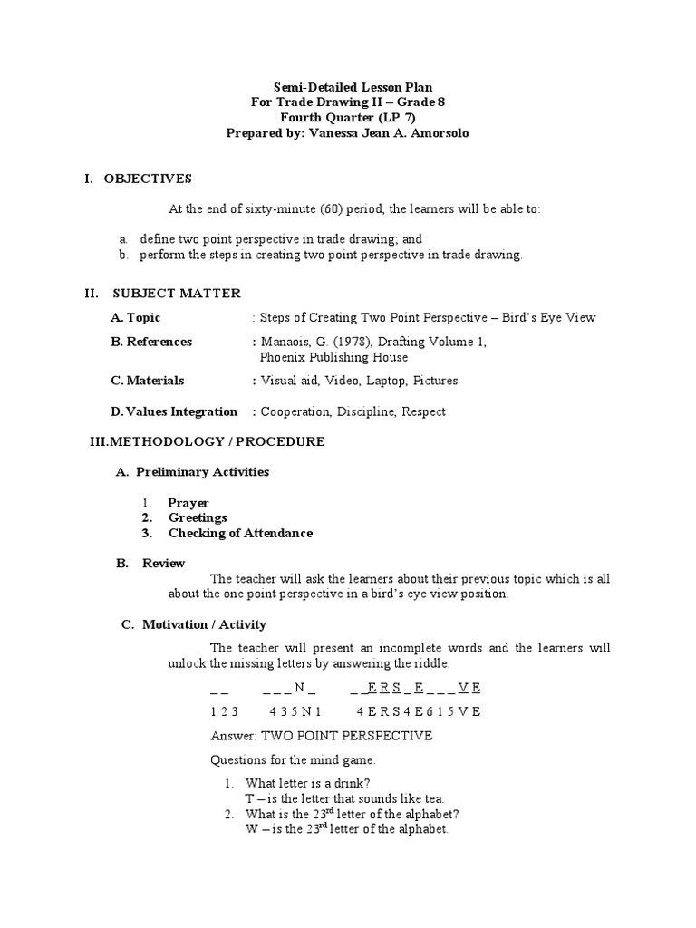 Lesson Plan Trade Drawing Two Point Perspective Download Free Pdf