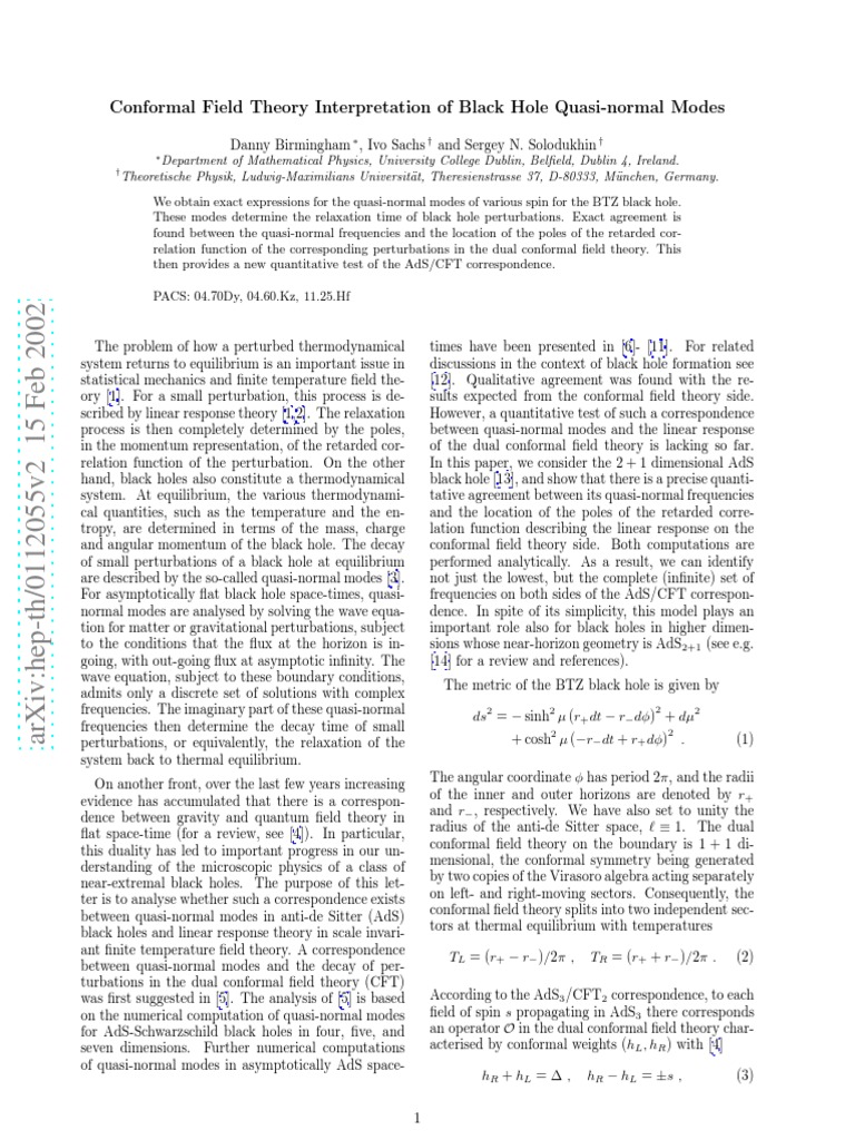 Conformal Field Theory Interpretation of Black Hole Quasi-Normal Modes | Download Free PDF ...