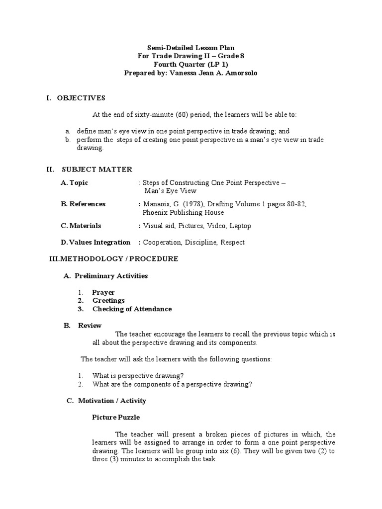 LESSON PLAN TRADE DRAWING One Point Perspective | PDF | Lesson Plan ...