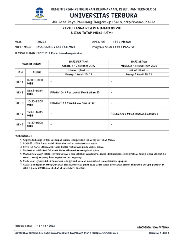 Jadwal Ujian Eka Fatimah | PDF