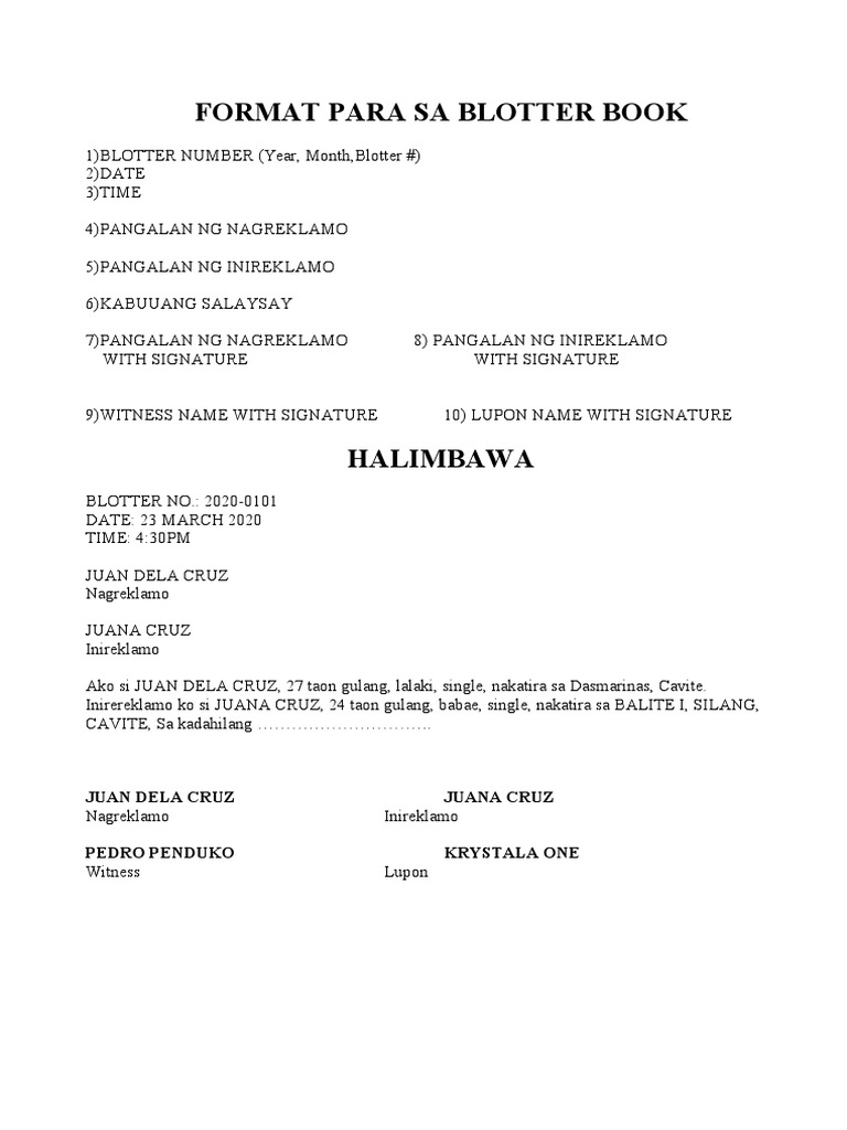 Format para Sa Blotter Book | PDF
