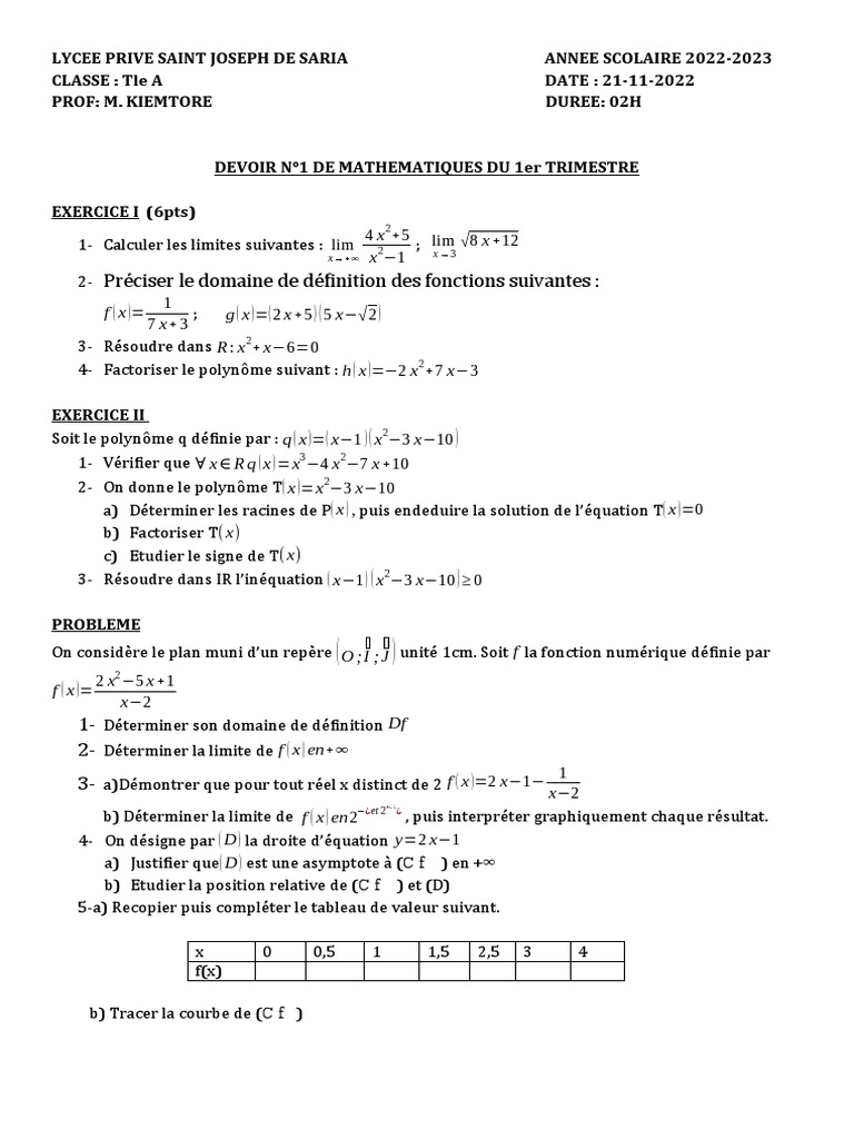 DEVOIR N°1 DE MATHS Tle A DU PREMIER TRIMESTRE 2022-2023 | PDF