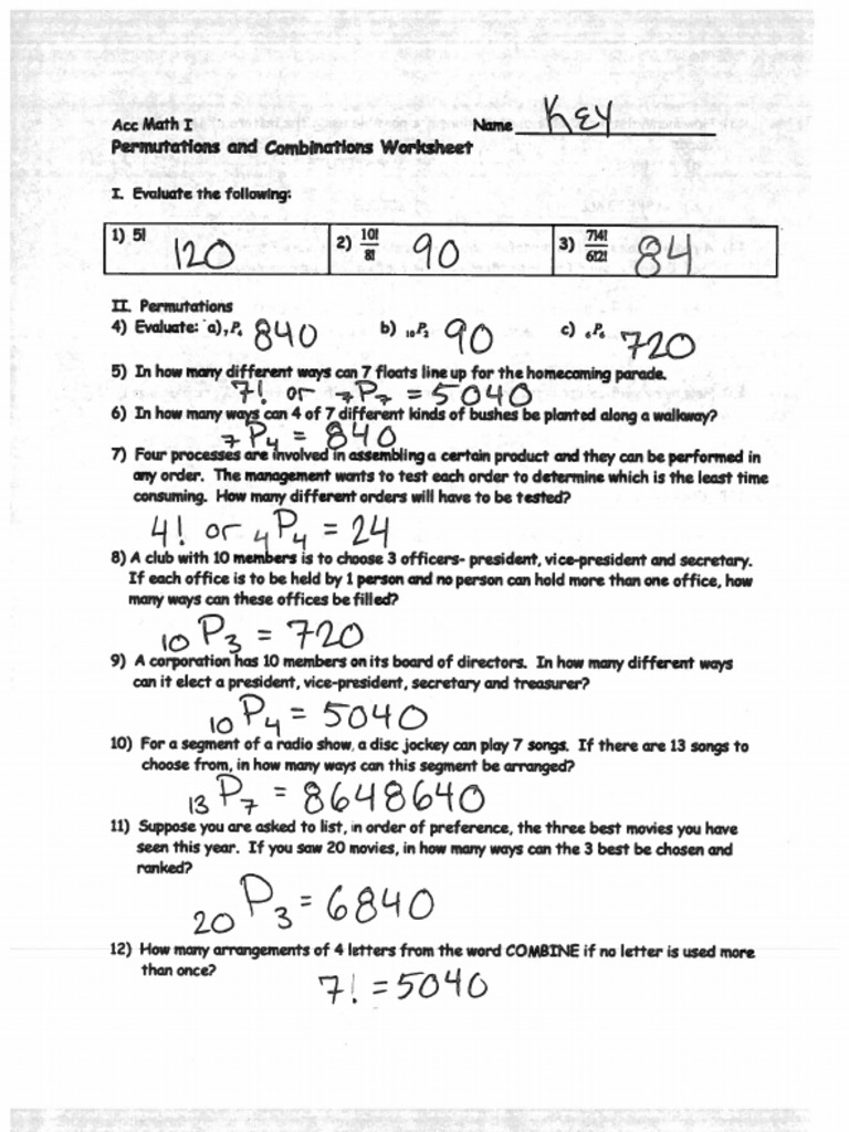 Extra Permutations and Combination Worksheet ANSWERS | PDF