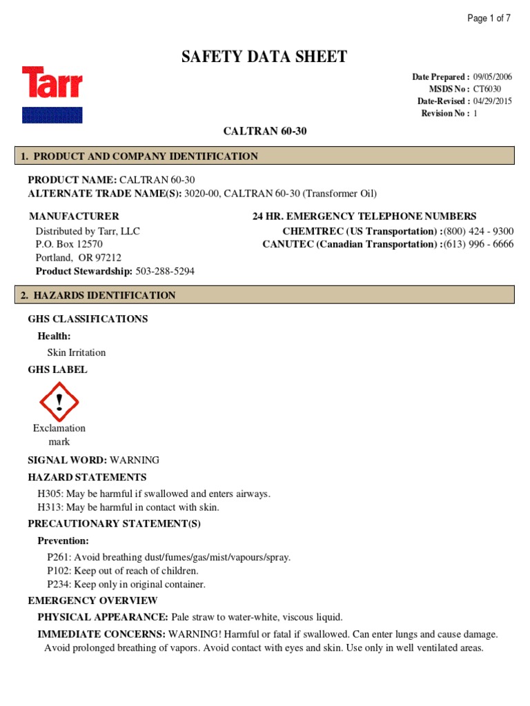 Safety Data Sheet for Caltran 60-30 Transformer Oil: Hazards ...