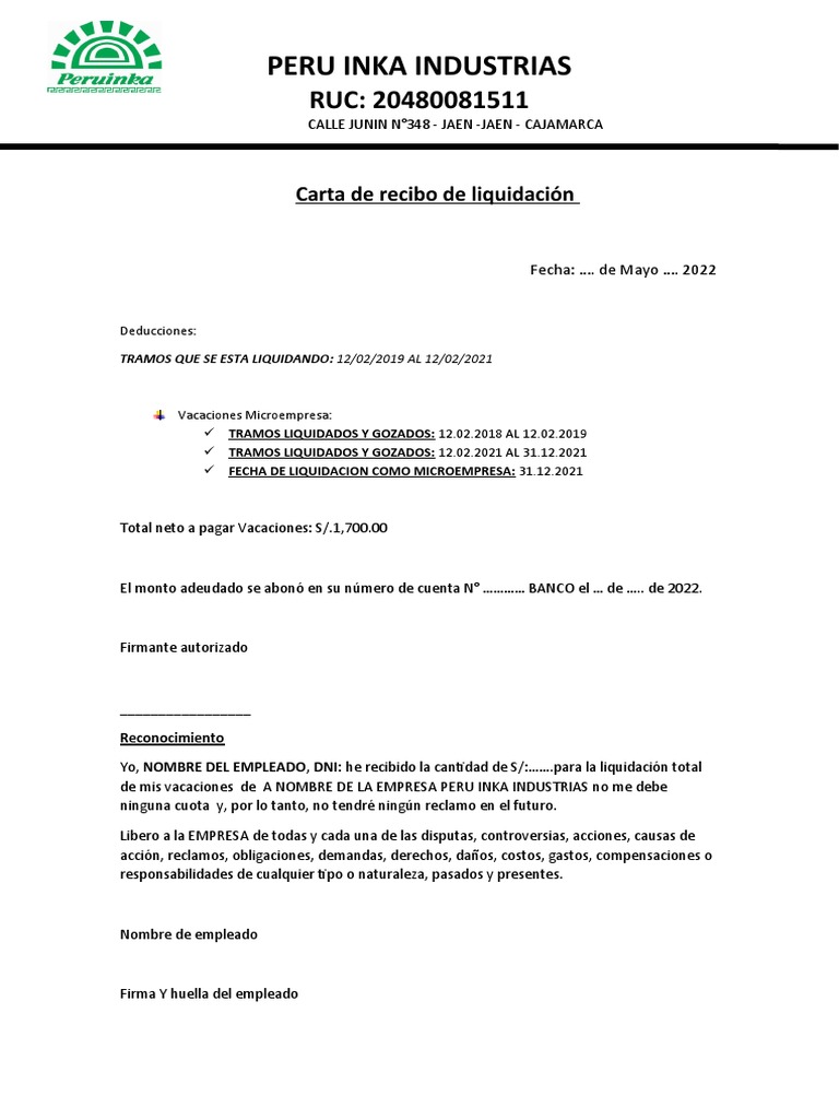 Carta de recibo de liquidación vacaciones | PDF