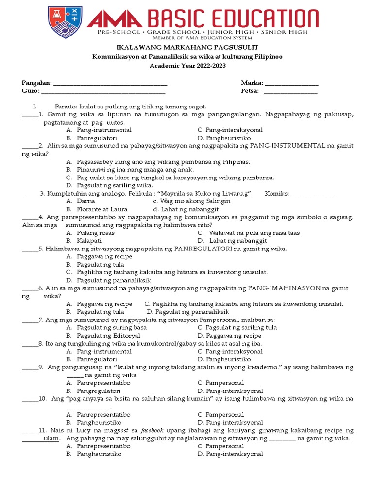 2nd Periodical Exam Grade 12 Kom | PDF