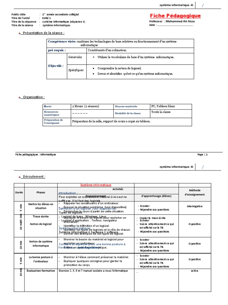 Fiche Pédagogique : Système Informatique | PDF | Informatique | Logiciel