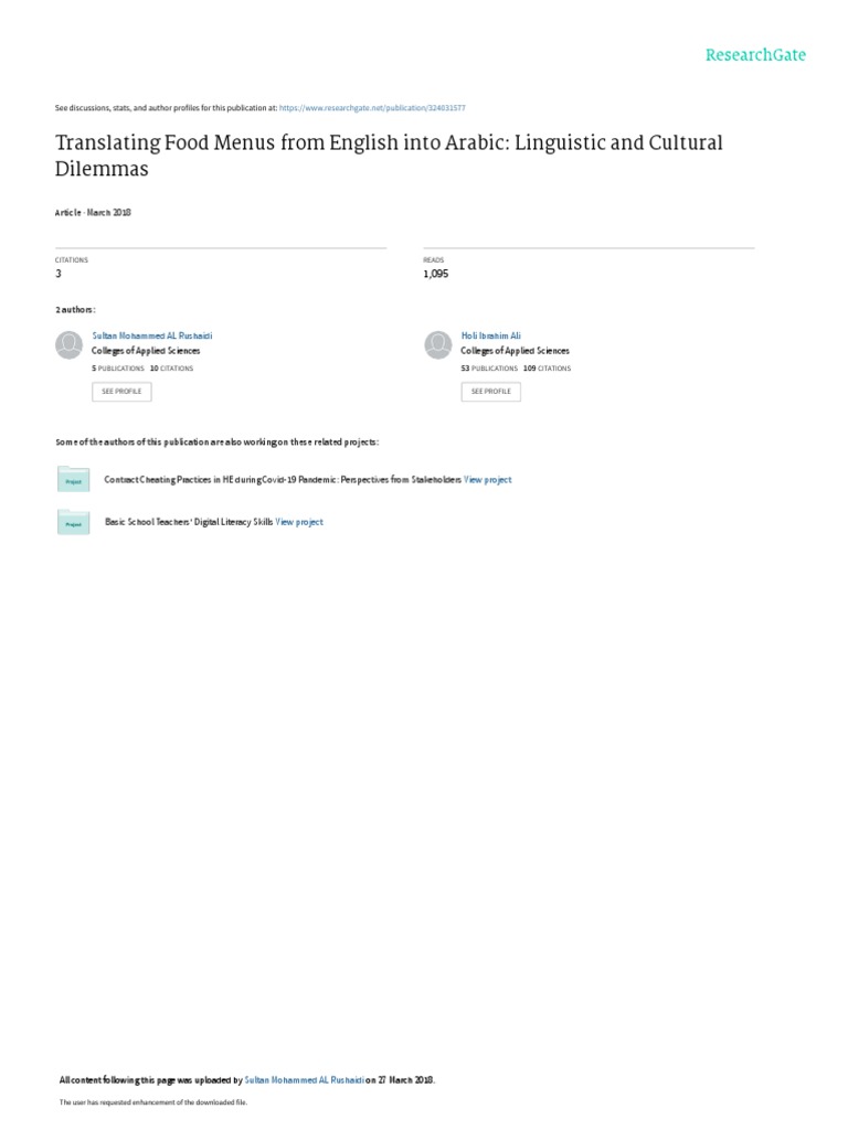 Translating Food Menus From English Into Arabic: Linguistic and ...