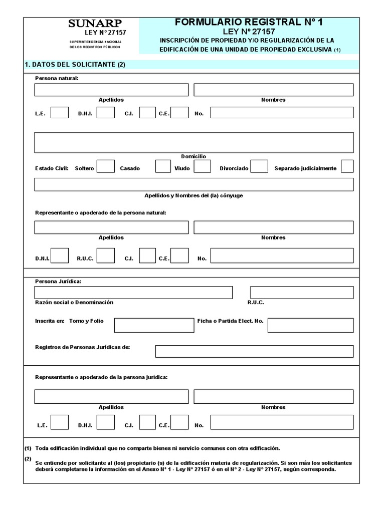 Formulario Registral N 1 Ley 27157 para Llenar | PDF | Ley común | Justicia