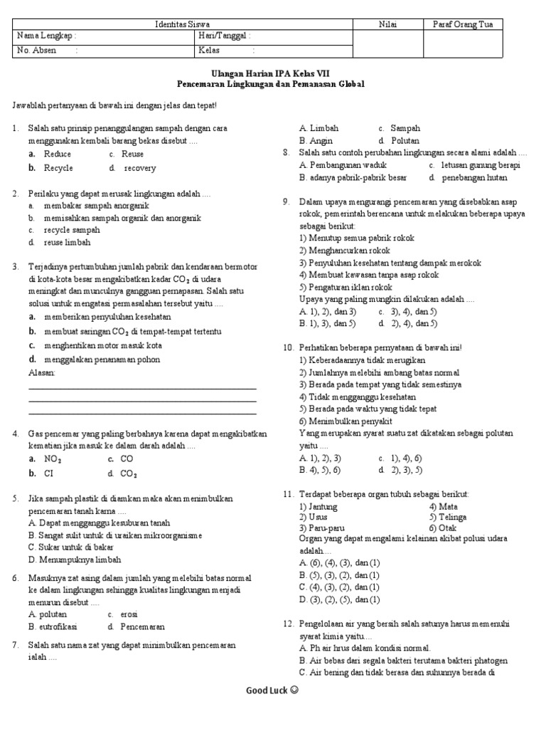 Kelas 7 UH Pencemaran Lingkungan Dan Pemanasan Global | PDF