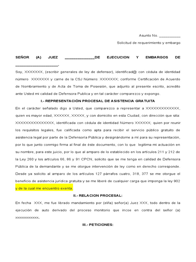 Escrito de Solicitud A Juez Ejecutor para Realizar Embargo | PDF ...