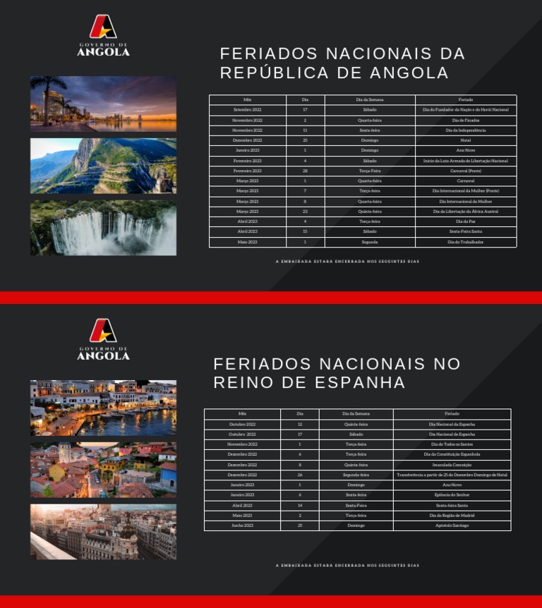 Calendário de feriados nacionais da República de Angola e do Reino da Espanha em 2023 | PDF ...
