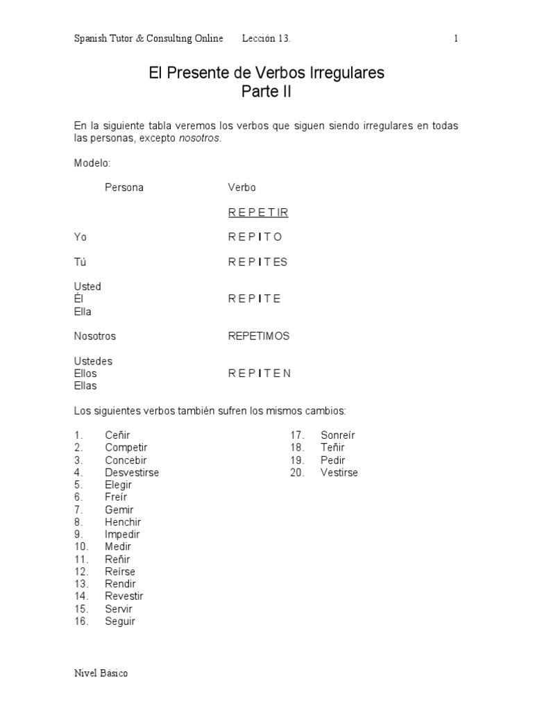 El Presente de Verbos Irregulares II Lección 13 | PDF