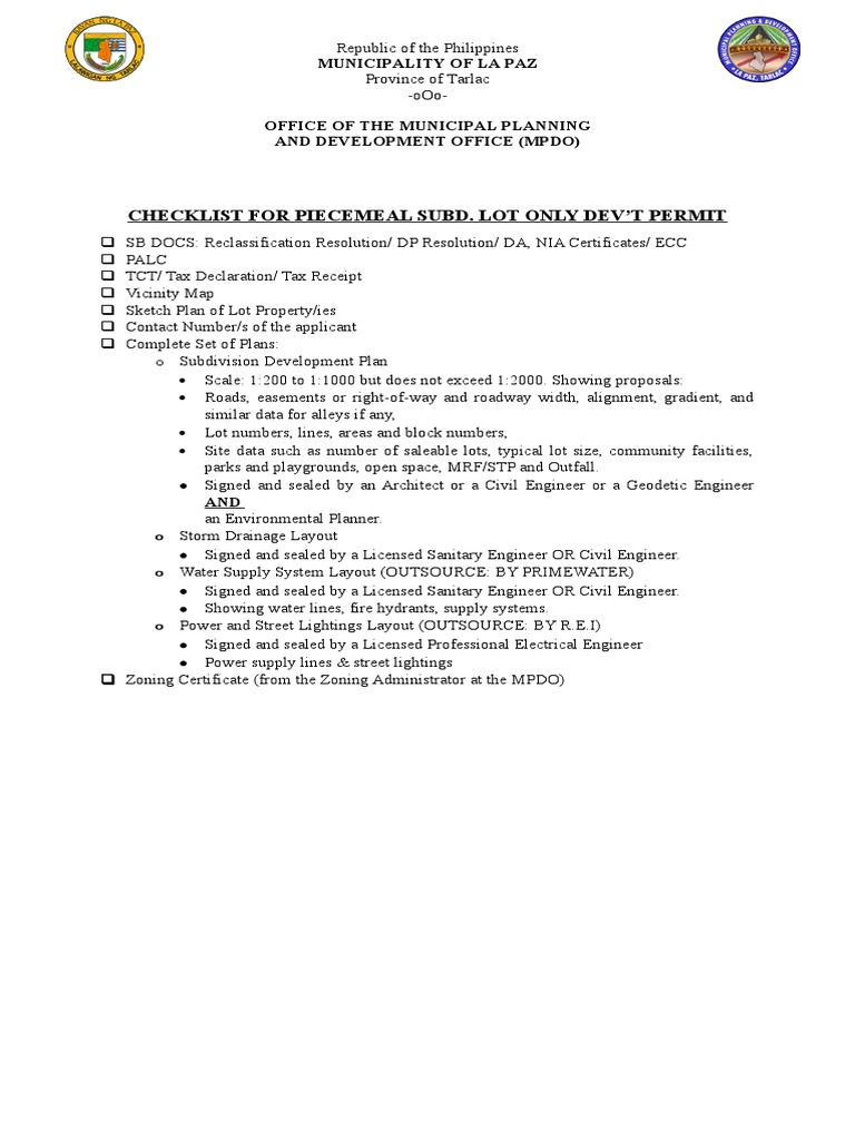 Checklist For Piecemeal Subd | PDF | Drainage | Civil Engineering