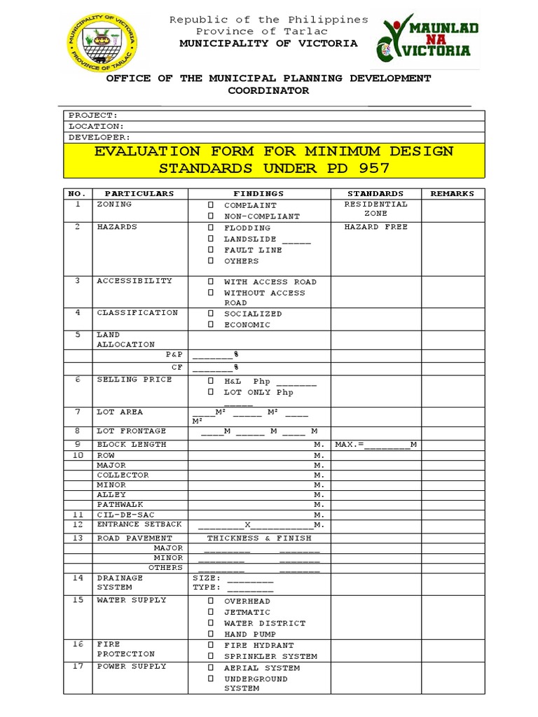 Evaluation Form for Minimum Design Standards Under PD 957 for a Proposed Housing Development in ...