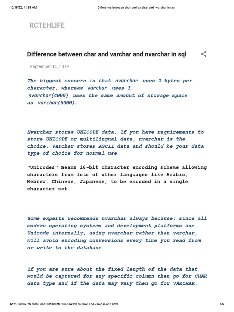 Difference Between Char And Varchar And Nvarchar In Sql Pdf