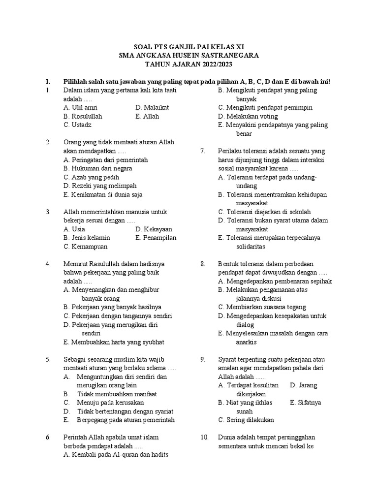 Soal PTS Ganjil Pai Kelas Xi 2022 | PDF