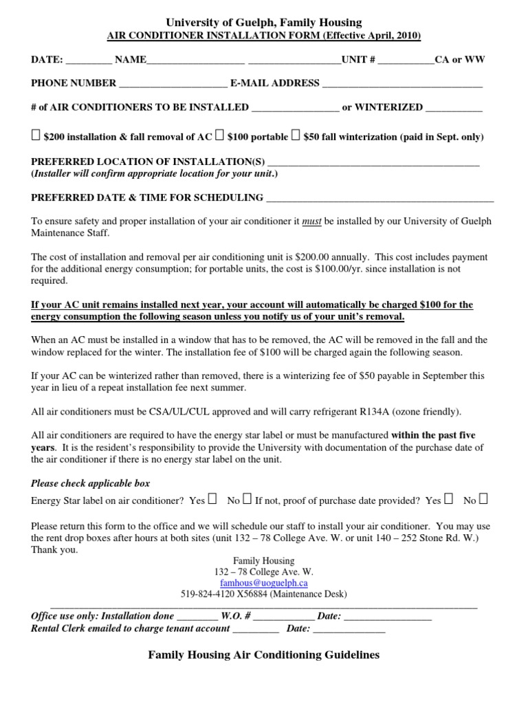 Air Conditioner Installation Form | PDF | Air Conditioning | Heating ...