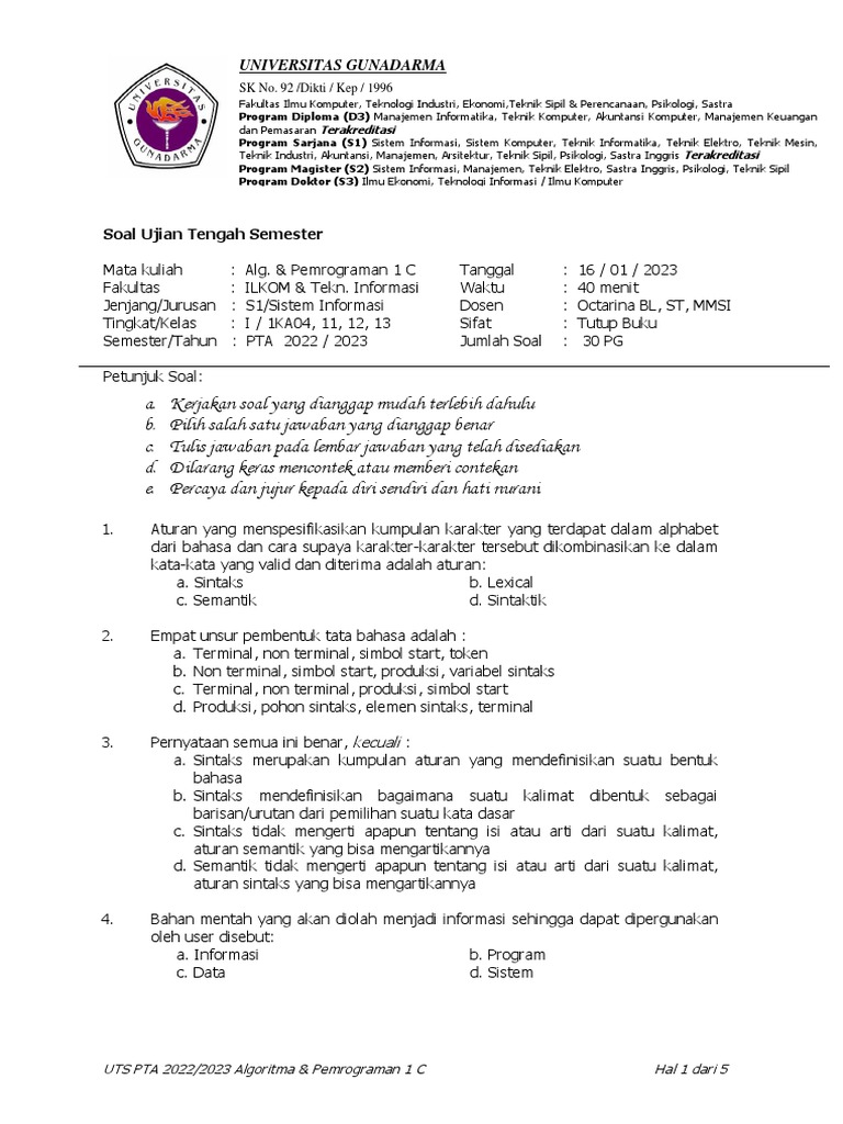 UTS Algoritma & Pemrograman 1 C 2023 | PDF