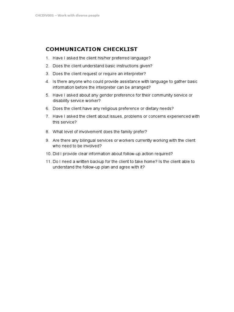 Communication Checklist for Diverse Clients | PDF | Self-Improvement ...