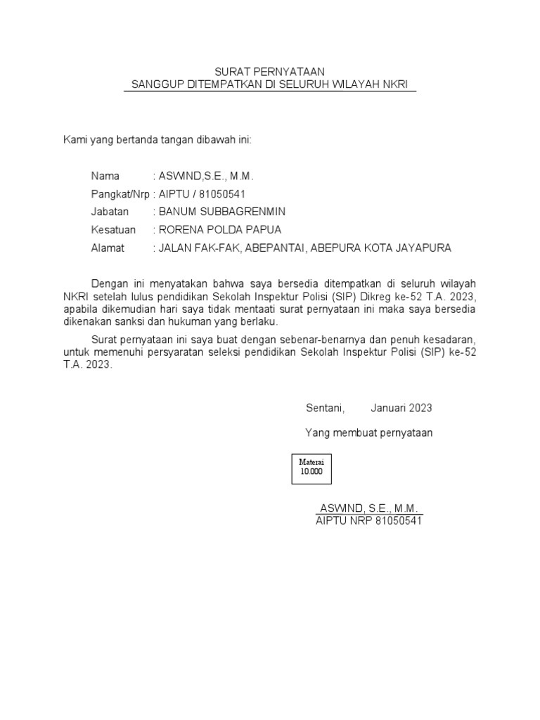 Surat Pernyataan Sip 52 | PDF