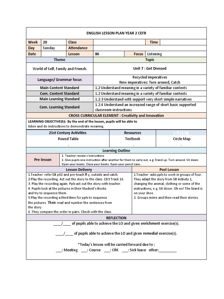 Year 2 CEFR English Lesson Plan | PDF | Lesson Plan | Flashcard