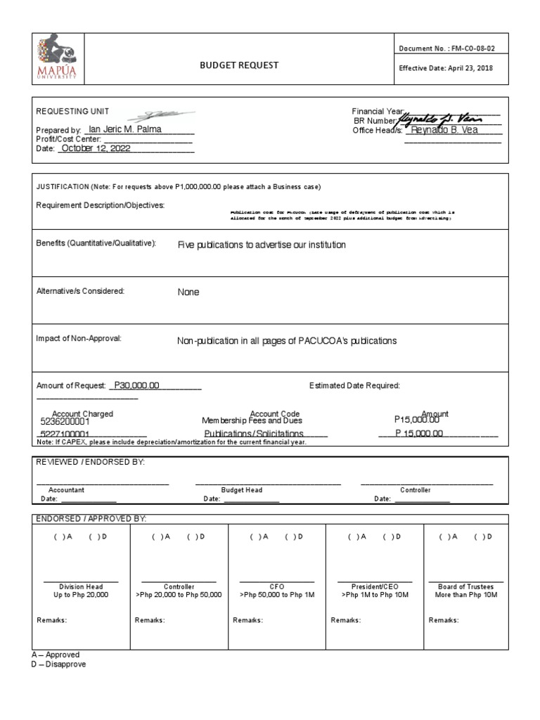 Budget Request Form - PACUCOA Defrayment of Publication Cost | PDF ...
