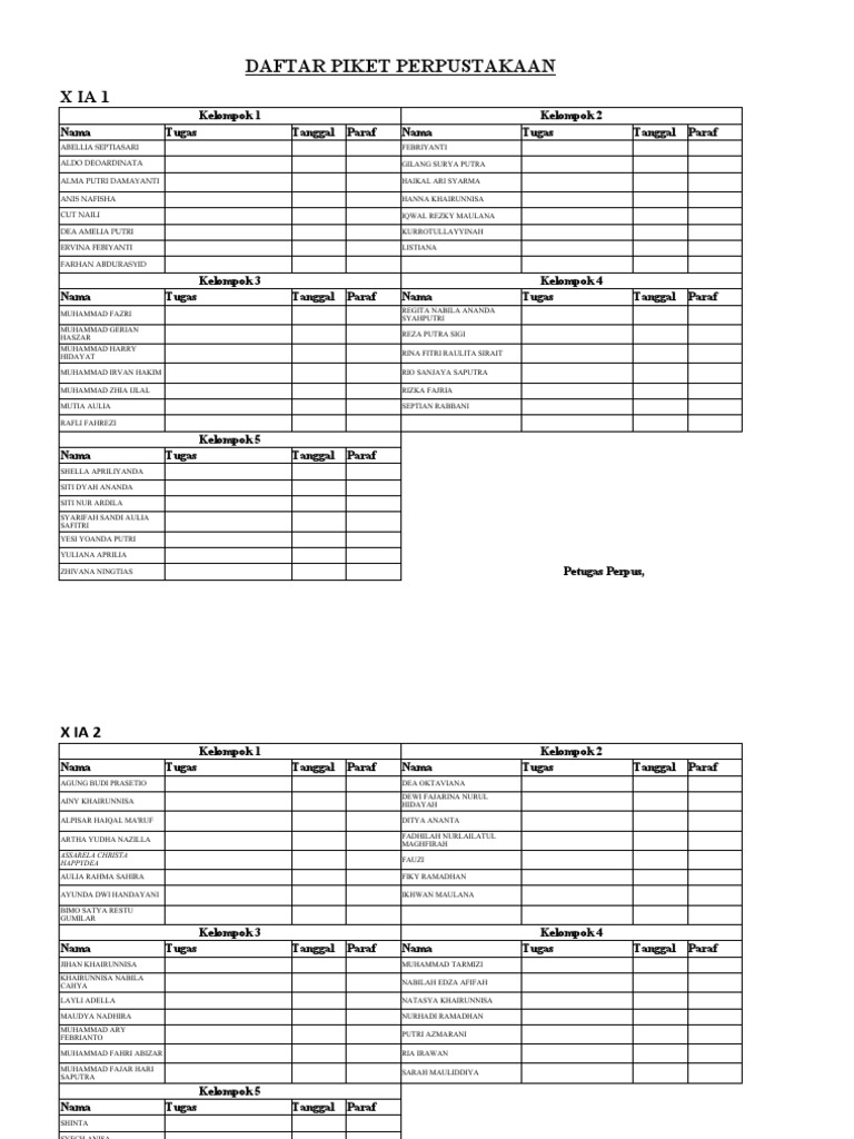Daftar Piket Perpustakaan X, Xi, Xii 2022 | PDF
