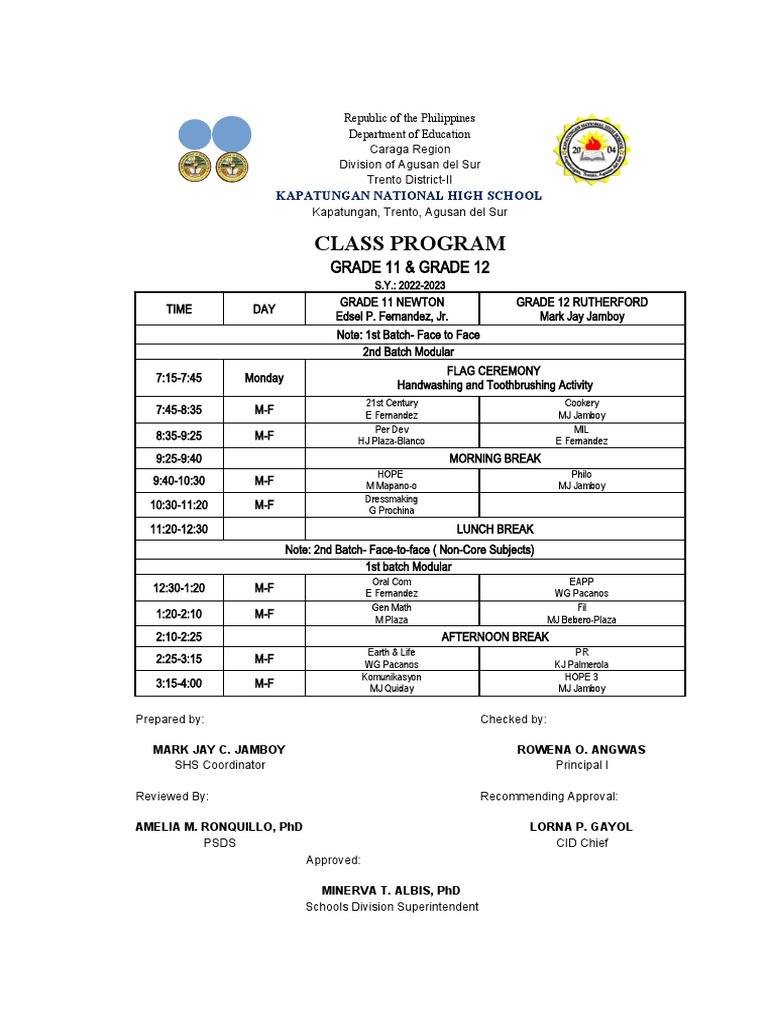 KPNHS F2F CLASSPROGRAM JHS - SHS 2022-23 | PDF | Government Agencies | Public Law