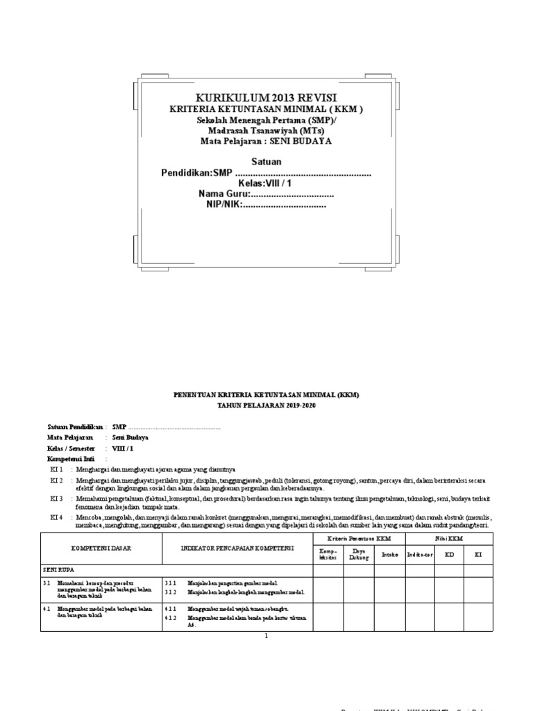 KKM Seni Budaya Kelas Viii SMP (Operatorsekolahdbn - Com) | PDF