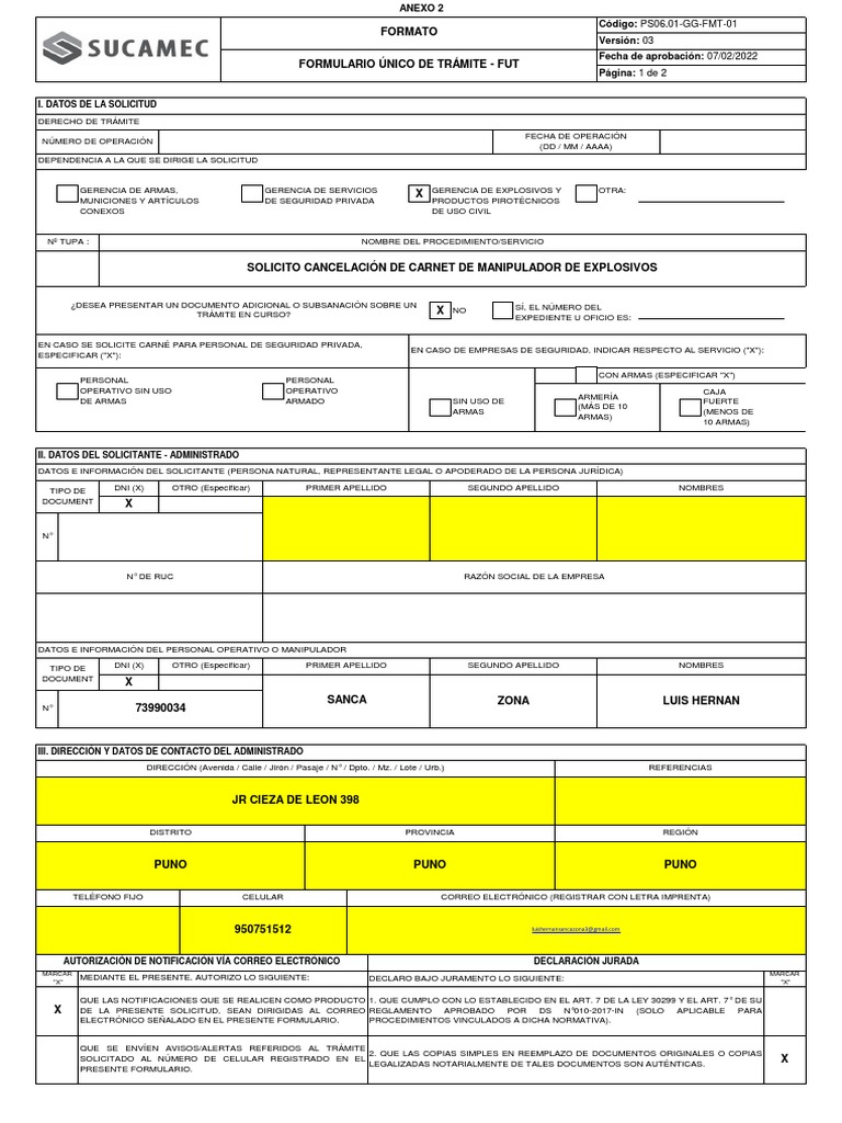 01 FUT - Solicito Cancelación de Carnet Manipulador de Explosivos | PDF | Justicia | Crimen y ...
