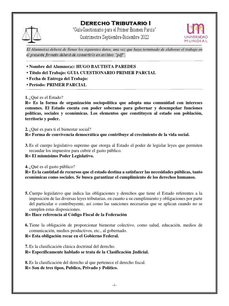 Guía de estudio para el primer examen parcial de Derecho Tributario I: preguntas y respuestas ...