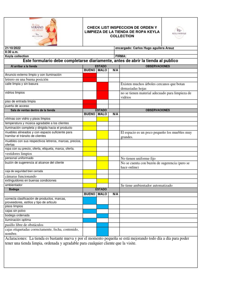 Check List de Orden y Limpieza de La Tienda Keyla Collection | PDF