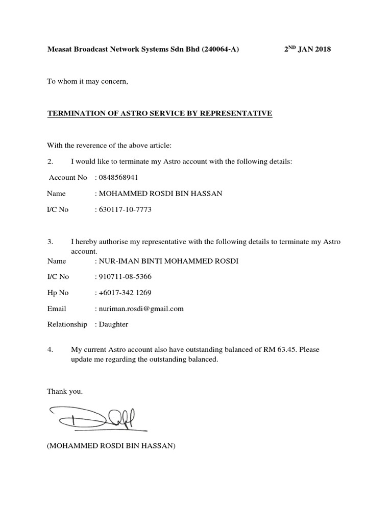 Termination of Astro Service by Representative | PDF