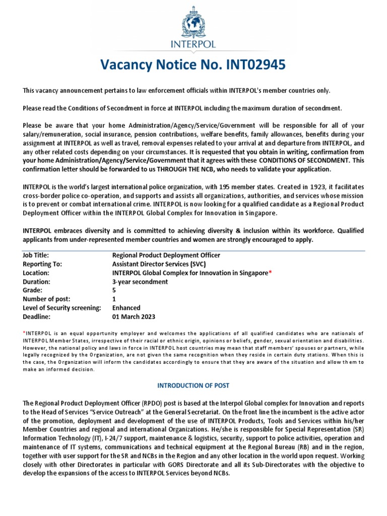 2022 Vacancy Notice Regional Product Deployment Officer - InT02945 03 ...