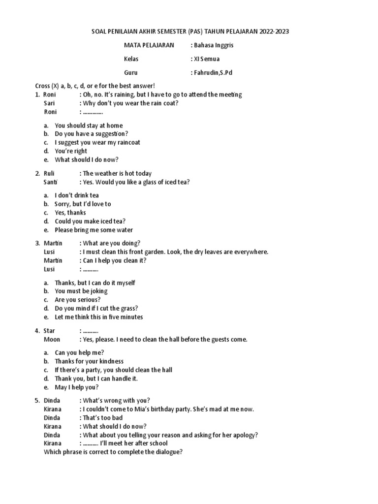 Soal Bahasa Inggris Kelas Xi Semua Pas 2022 | PDF