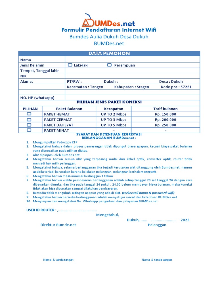 Formulir Pendaftaran Internet Wifi | PDF