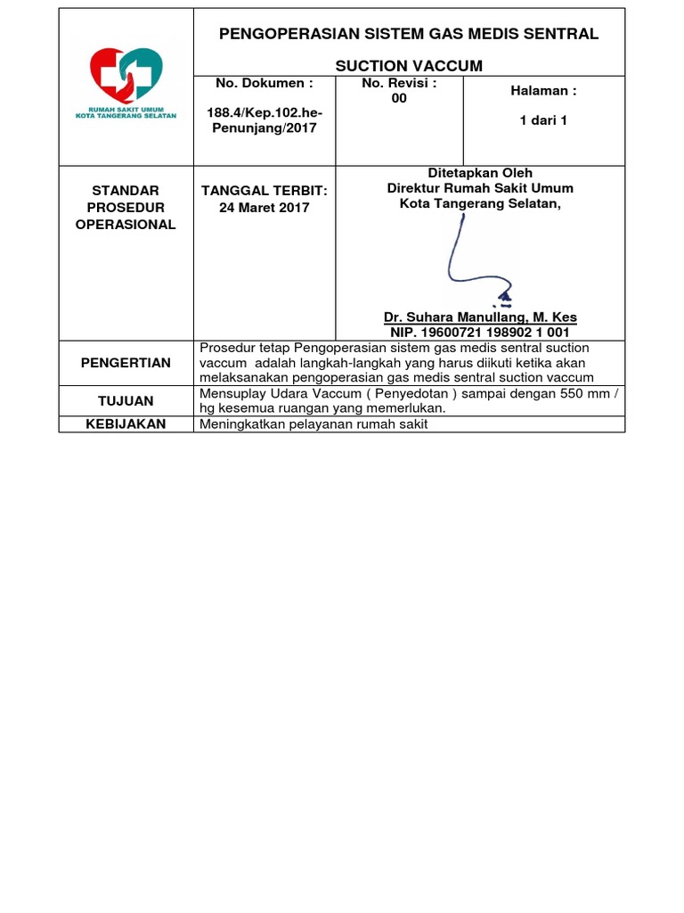 Sop Pengoperasian Sistem Gas Medis Sentral Vaccum PDF | PDF